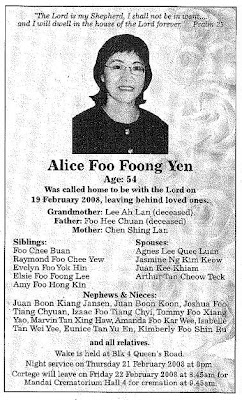 Singapore Obituaries: Alice Foo Foong Yen