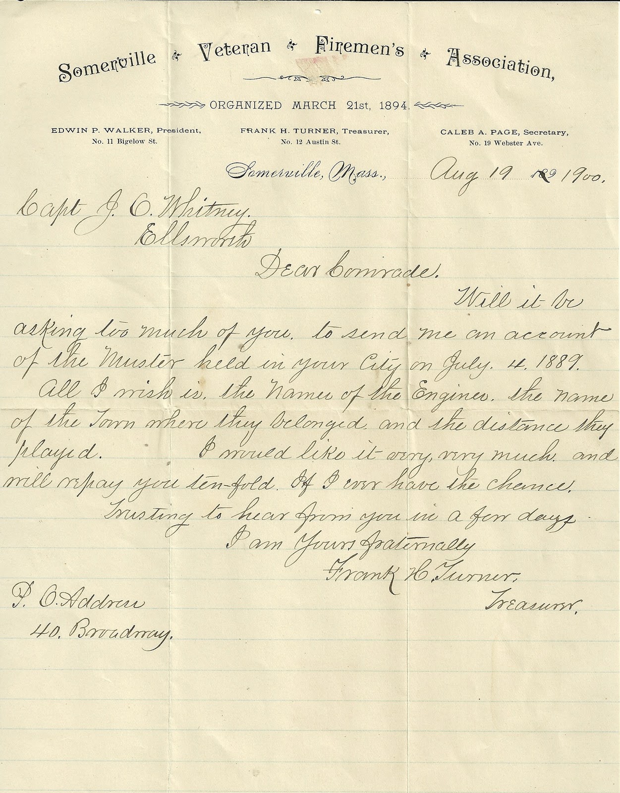 Heirlooms Reunited: 1900 letter from Somerville Veteran Firemen's Assn ...