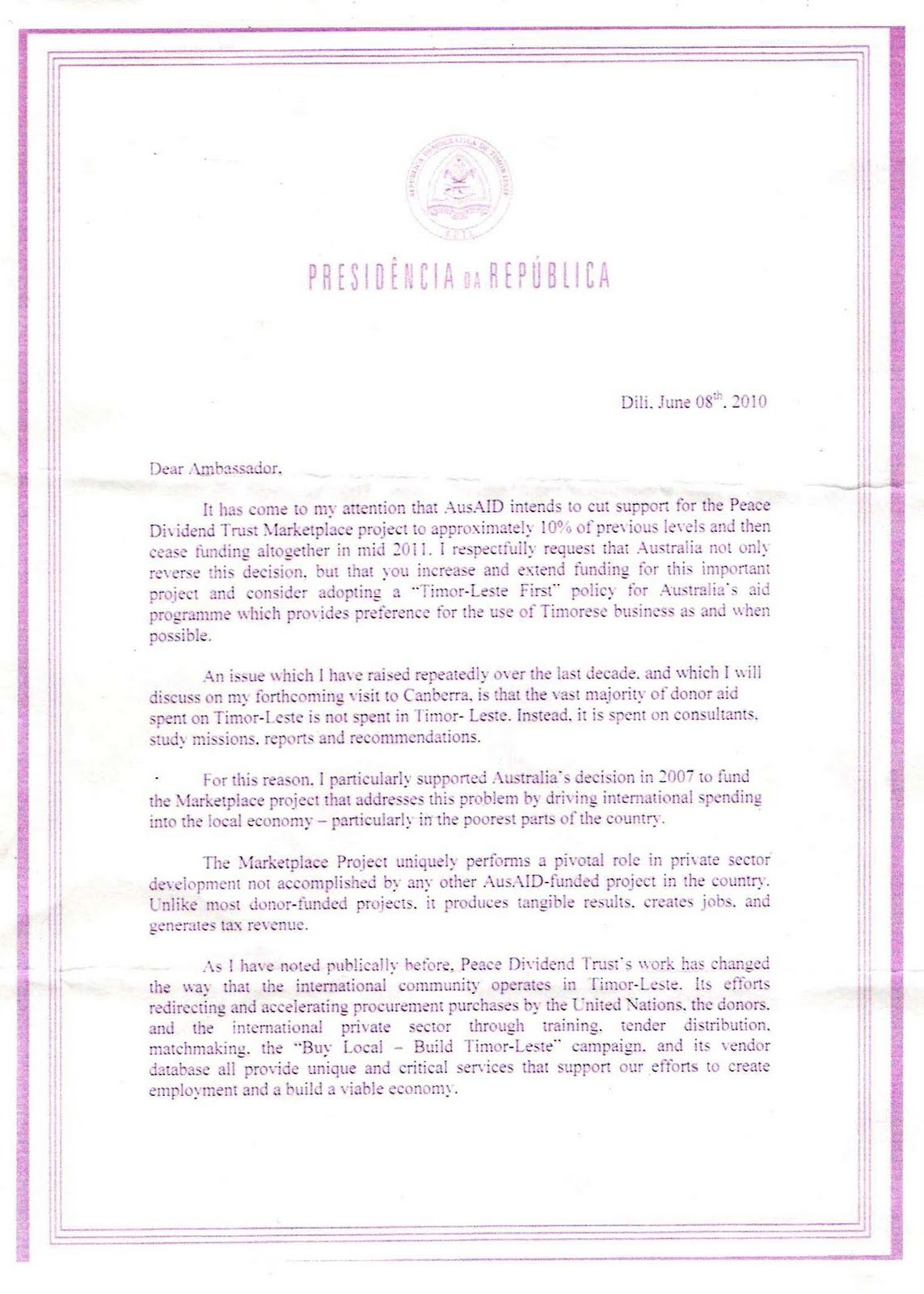 TEMPO SEMANAL: Exclusive: President Jose Ramos Horta Letter to ...