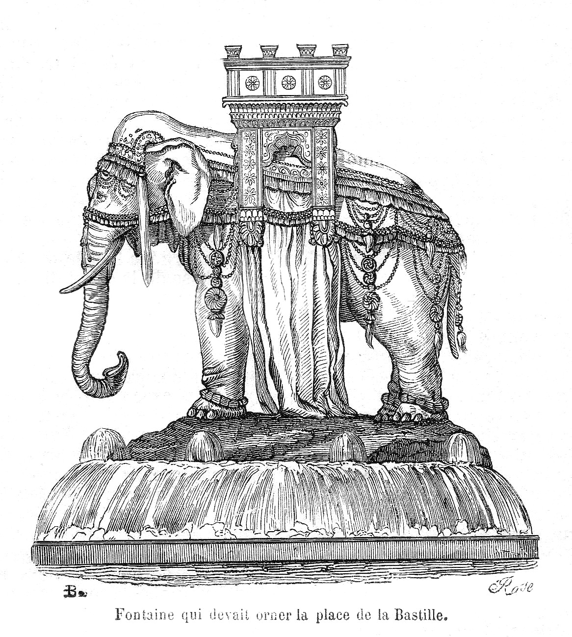 Vintage Ephemera: Engraving, Elephant statue in Paris, 1808