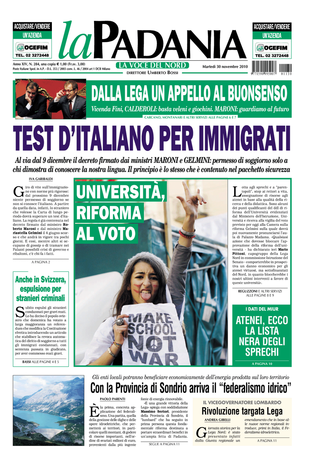 LEGA NORD LALLIO: "LA PADANIA" DI MARTEDI' 30/11/2010