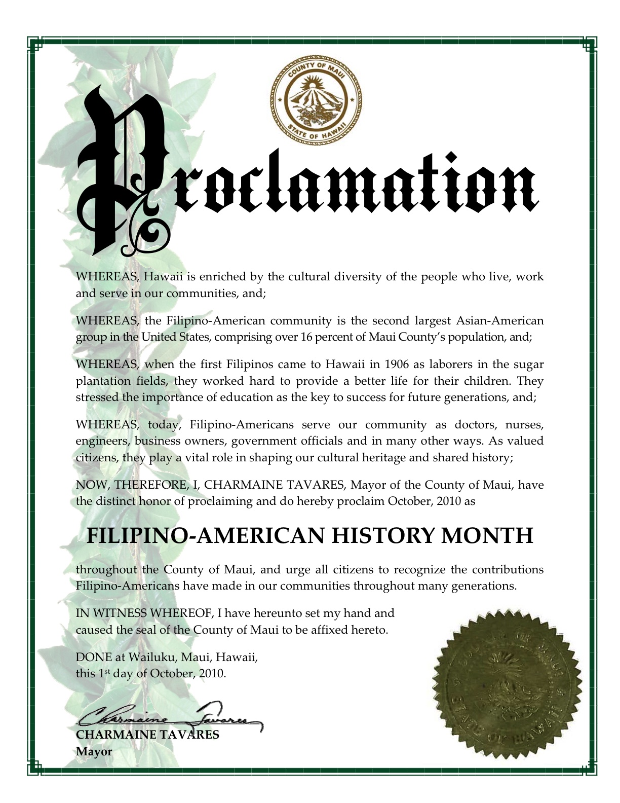 DAGITI KAPPUROS A DAMDAMAG ITI HAWAII Proclamation Letter Of Maui DAGITI KAPPUROS A DAMDAMAG ITI HAWAII Proclamation Letter Of Maui