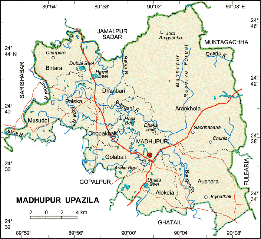Maps of Bangladesh: Political Map of Madhupur Upazila - Tangail District