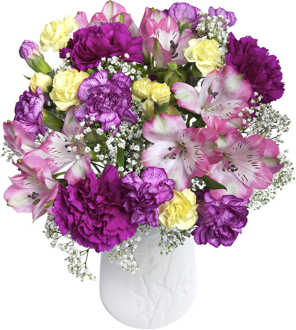 Vivid purple Carnations, delicate pastel pink Alstroemeria, Sunshine ...