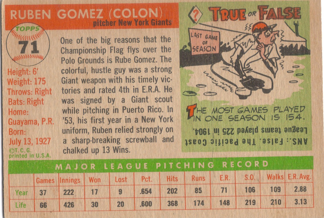 foul bunt: 1955 Topps #71 - Ruben Gomez