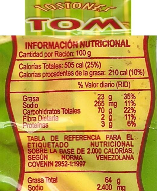 INFORMACIÓN NUTRICIONAL PH: Tostones Tom con ajo