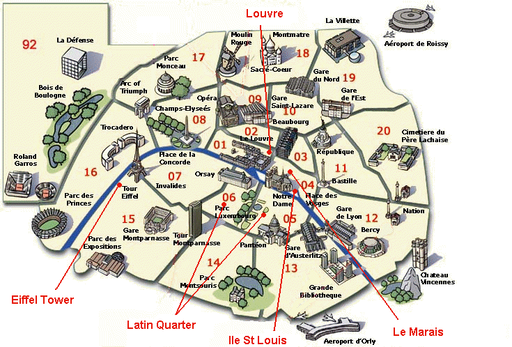 Paris Advice: Map Paris with monuments and quarter