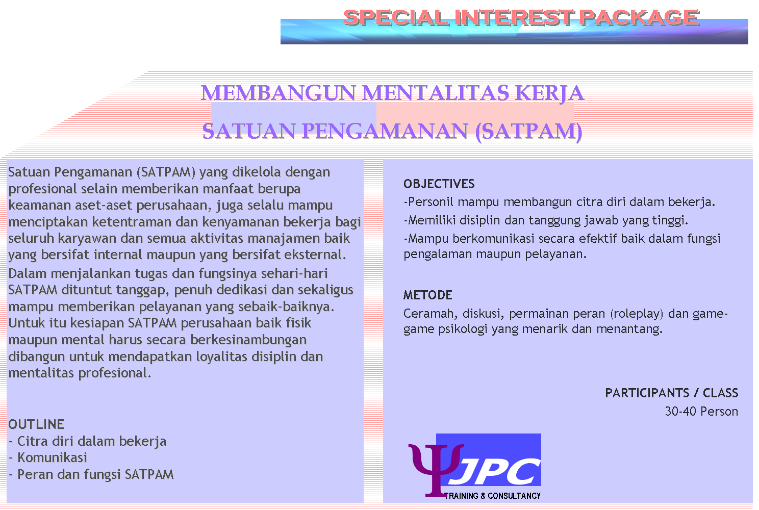 JPC Training & Consultancy: SPECIAL INTEREST PACKAGE