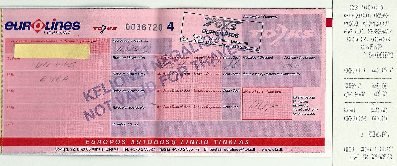 The traveler's drawer: EUROLINES. Bus ticket from Vilnius to Riga (2003)