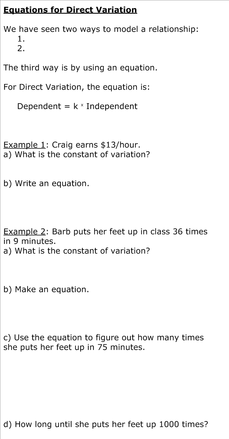 Grade 9 Applied Math: Equations for Direct Variation
