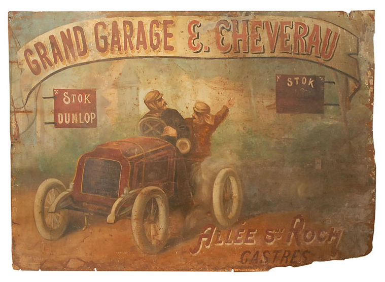 Anonymous Works: Circa 1900 French Hand Painted Garage Advertising Sign