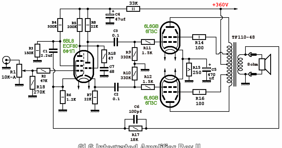 Wiring Schematic Diagram: Tube Amplifier 30Watt ECF80(6BL8, 6Φ1Π) 6L6(6Π3C)