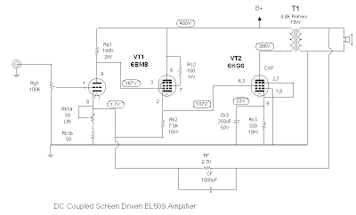 GUITAR OR HI-FI Power Amplifiers 12Watt tube 6BM8 + 6KG6 (EL509) Circuit Schematic With ...