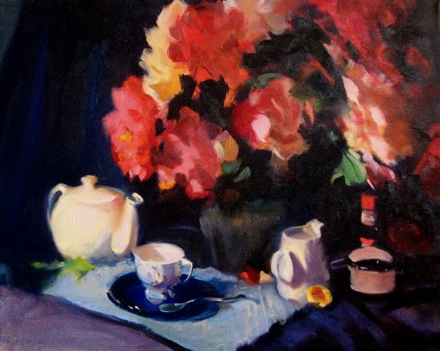 in plein air: "Tea Time" Still life with roses and teapot