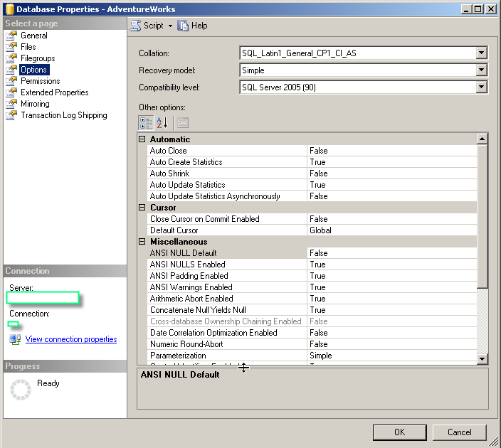 MS SQL Server 2005 - Setting Database Options
