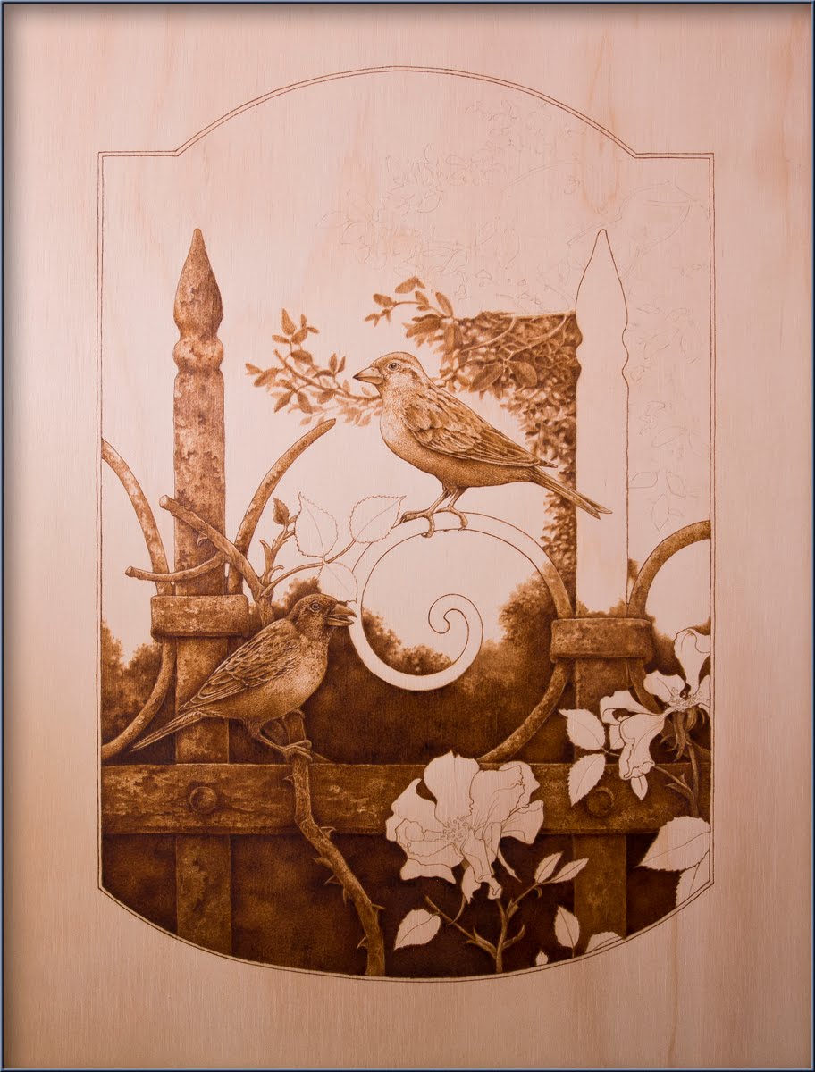Whimsical Wood: 'Iron fence with Sparrows' Pyrography