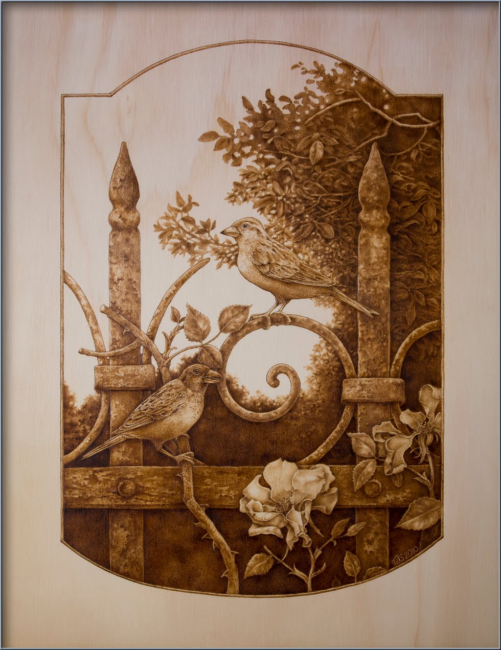 Whimsical Wood: Iron Fence with Sparrows pyrography