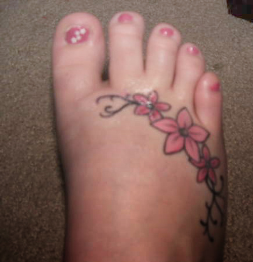 Tattoos Pictures: Beautiful flower foot tattoos red color for girls