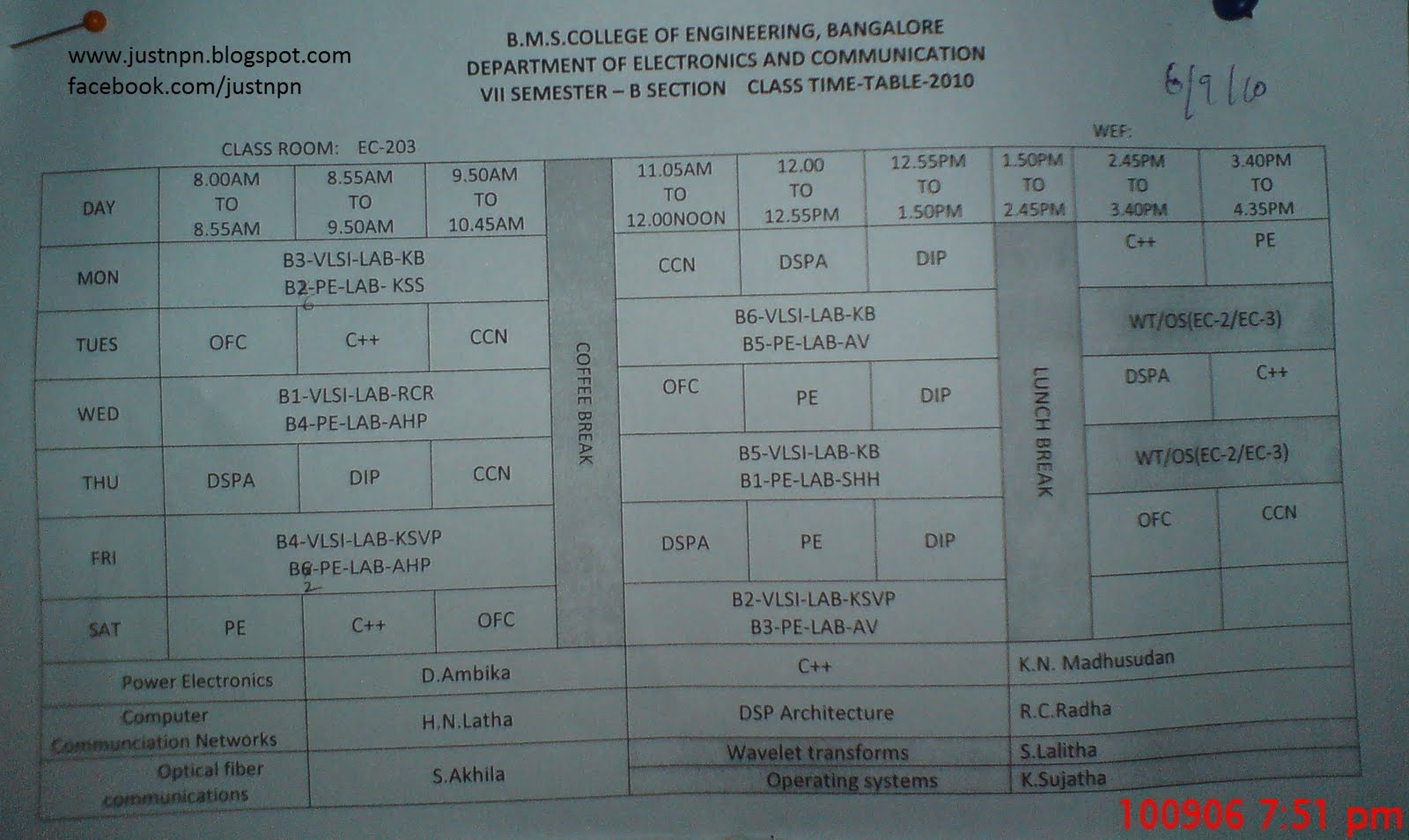 Class ECE: [REVISED] Time Table-Sem 7-ECE-BMSCE-2010