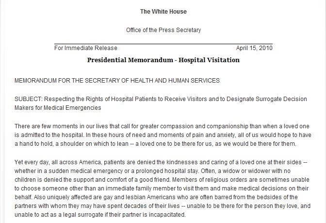 charles asher: Presidential Memorandum: Hospital Visitation.