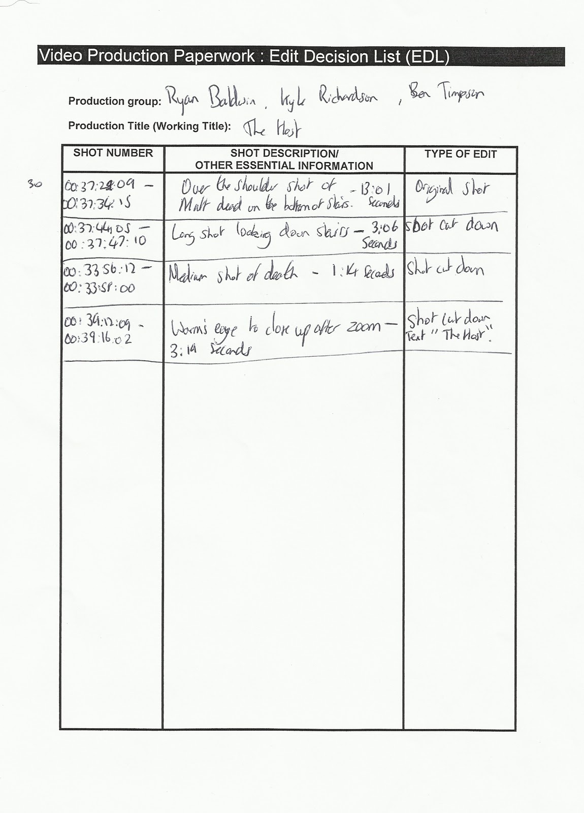 AS Media Studies: Section 10: Video Log Sheets