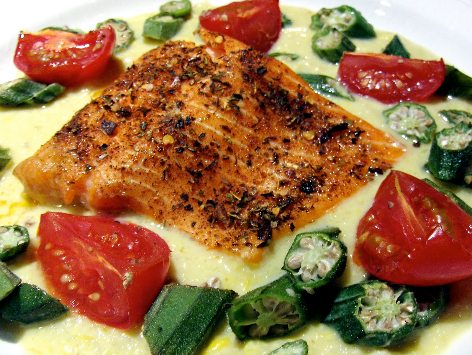 Chicken on the Green: Salmon with roasted corn puree, okra, and tomatoes