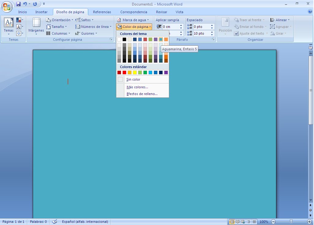 word: color de pagina