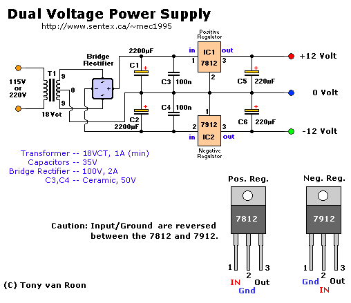Fuente de voltaje simétrica de +/- 12 V. | CIRCUITOS ELECTRONICOS