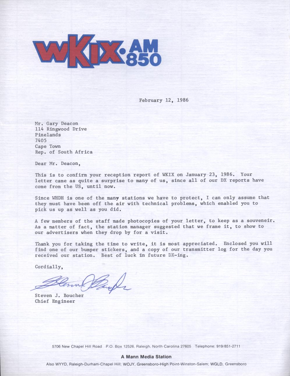 Cape Dx - Gary Deacon: WKIX Raleigh NC 850 kHz QSL and Audio