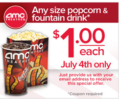AMC $1 Popcorn and $1 Fountain Drink on July 4th
