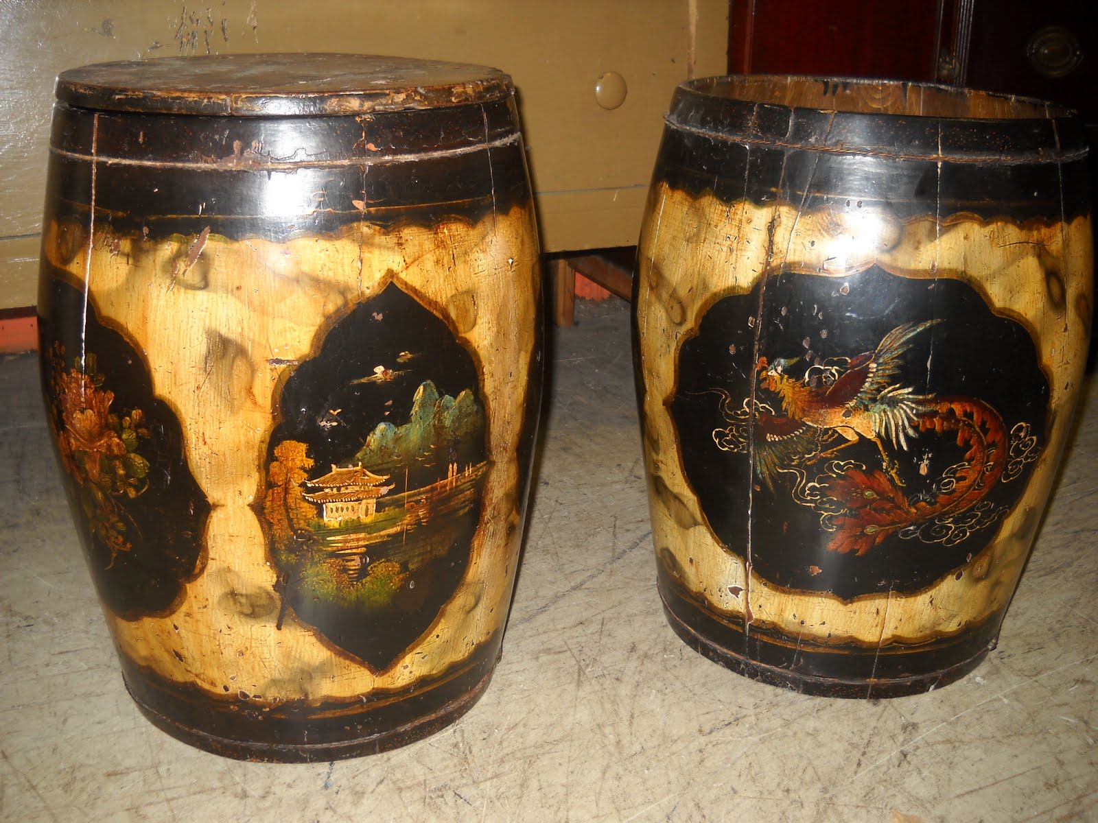 Uhuru Furniture & Collectibles: Pair of Hand Painted Chinese Barrels SOLD