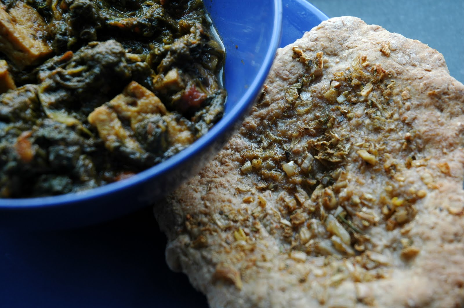 Khavanu: Saag Tofu and Onion Garlic Naan