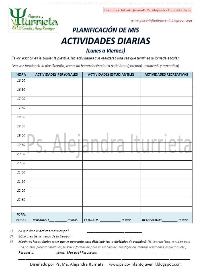TALLERES PSICOEDUCATIVOS CPJ: PLANIFICACION DE MIS ACTIVIDADES DIARIAS
