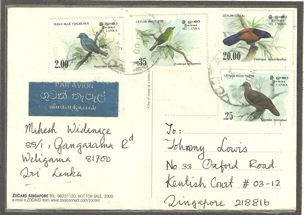 Airmail Labels and Bird Stamps on Post Cards: SriLanka