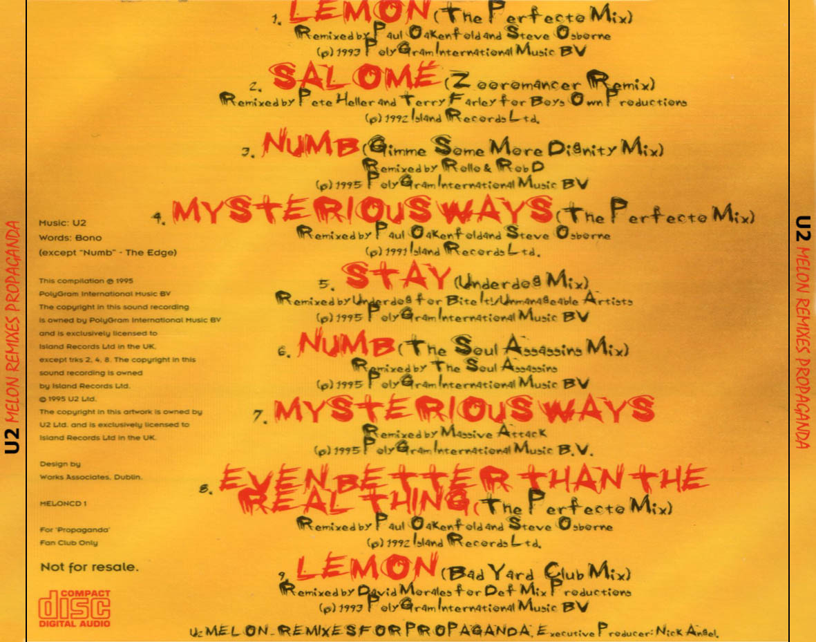 CARATULAS DE CD DE MUSICA: U2 Melon Remixes Propaganda (1995)
