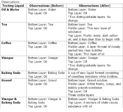 Science Fair: Result: Data Table and Observations