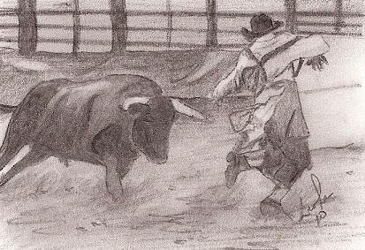 Art by Leola Walker (Southshoreartist): Rodeo clowns, cowboys, and bulls :)