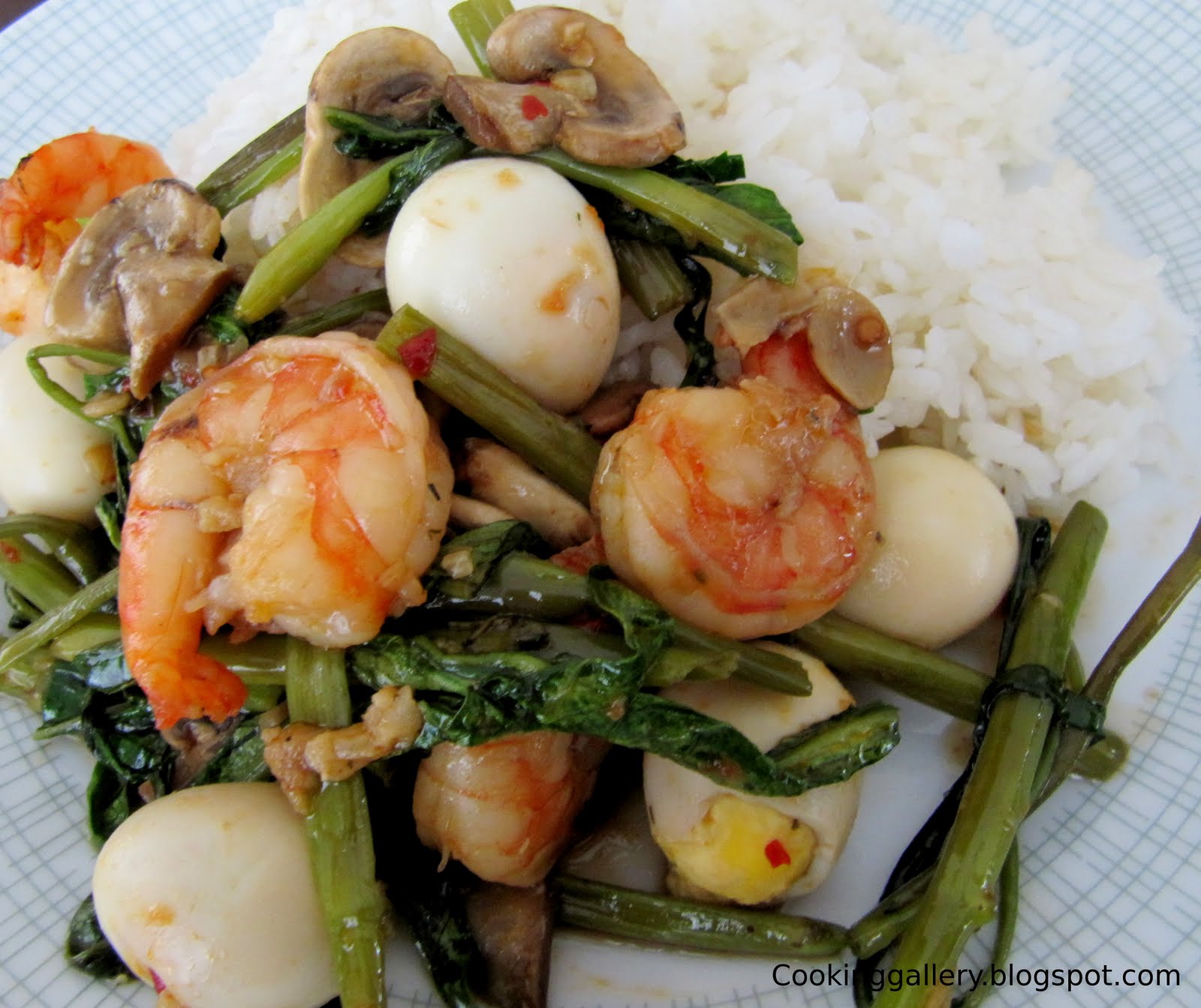 Water Spinach with Prawns and Quail Eggs | Cooking Gallery