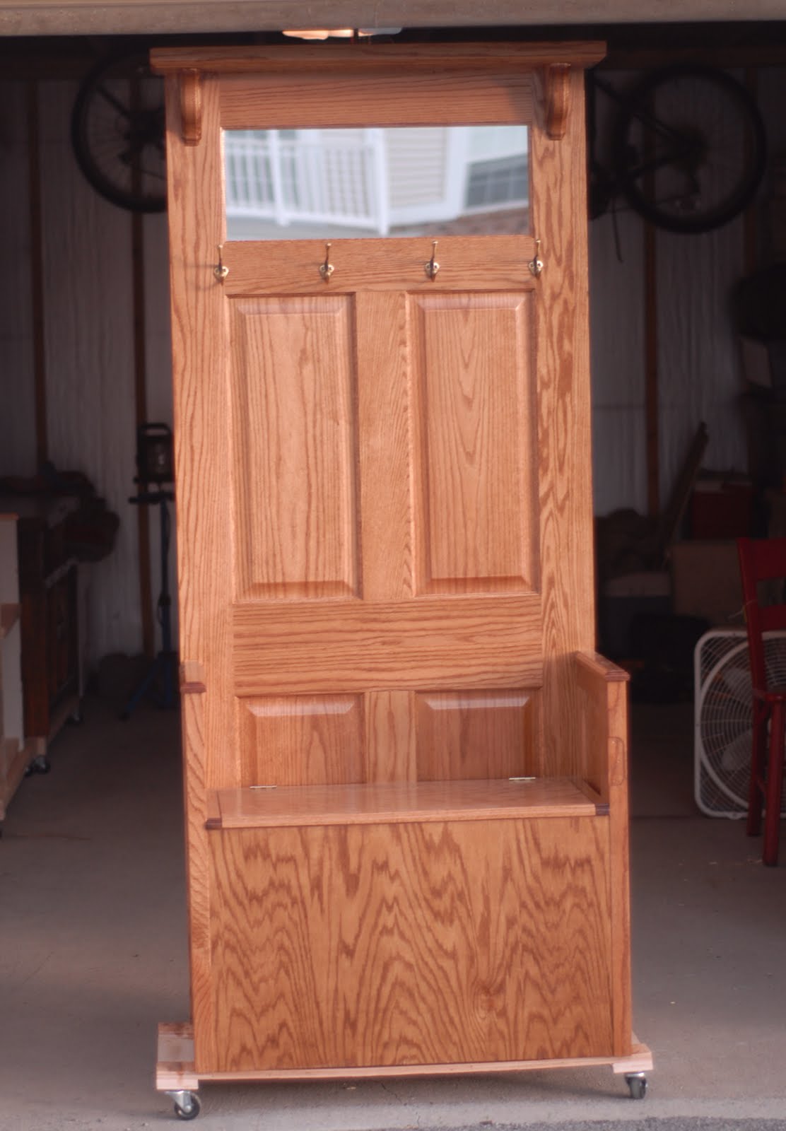 Door Furniture: Oak Hall Tree with mirror and lidded seat