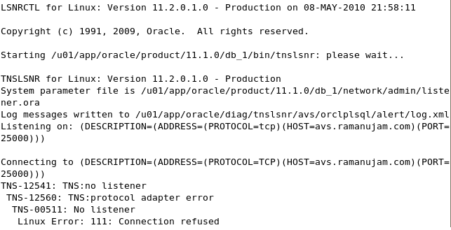 Srini's Boulevard: TNS-12541: TNS:no listener