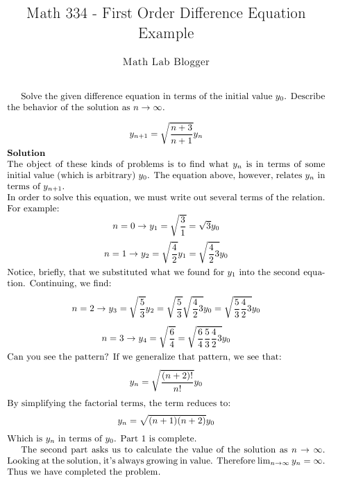 BYU Math Lab: Sample First Order Difference Equation Problem