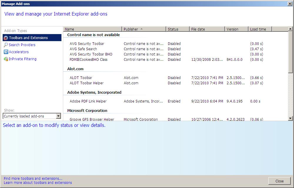 screenshot central: Internet Explorer 8 Options screenshot