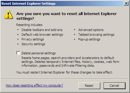 screenshot central: Internet Explorer 8 Options screenshot