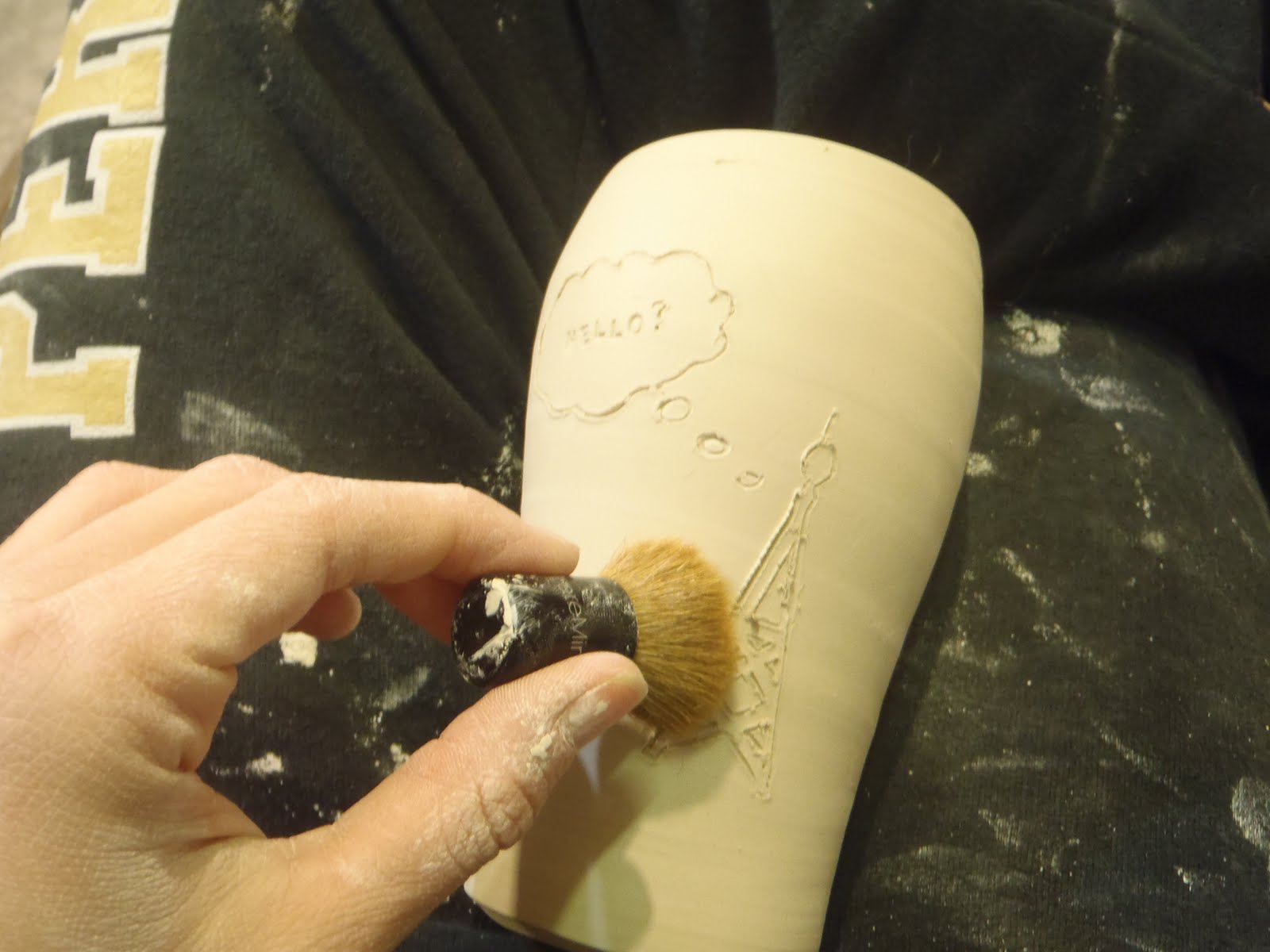 Mishima on leather hard pottery