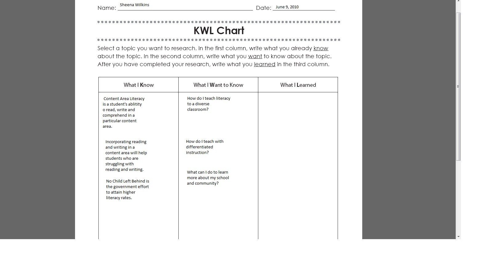 Reading Math: KWL (know_Want to Know_Learn) Strategy