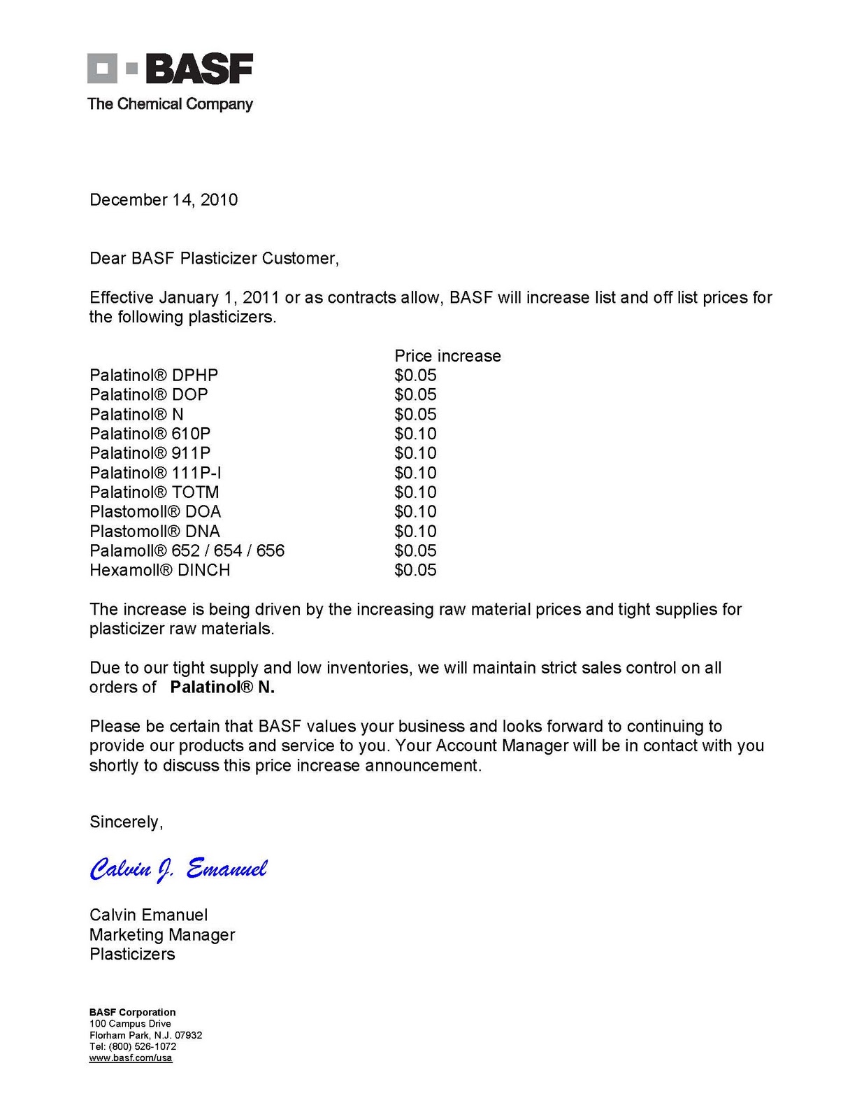 Chemical Market Info from RCU Chemical, LLC.: BASF Plasticizers Price ...