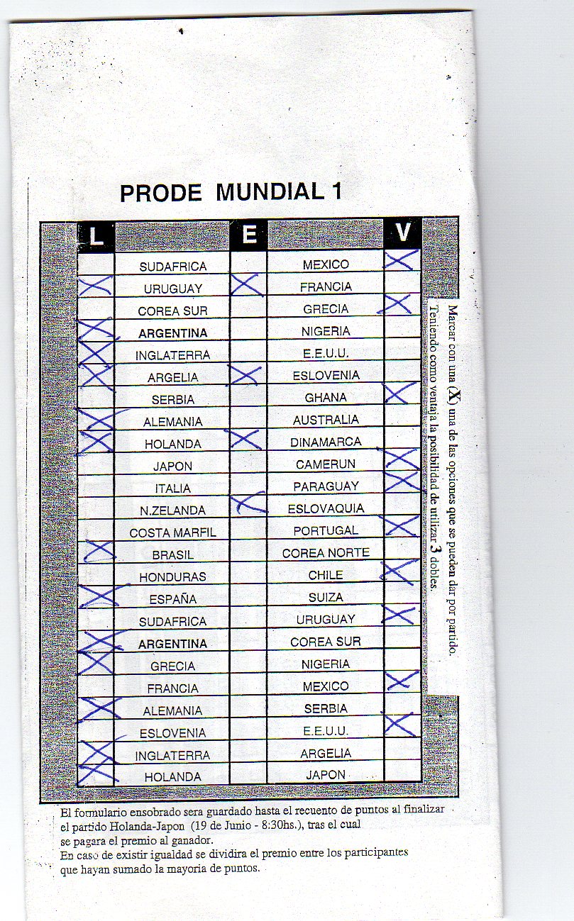 PRODE MUNDIAL 2010: BOLETA DE GUSTAVO BOURQUIN