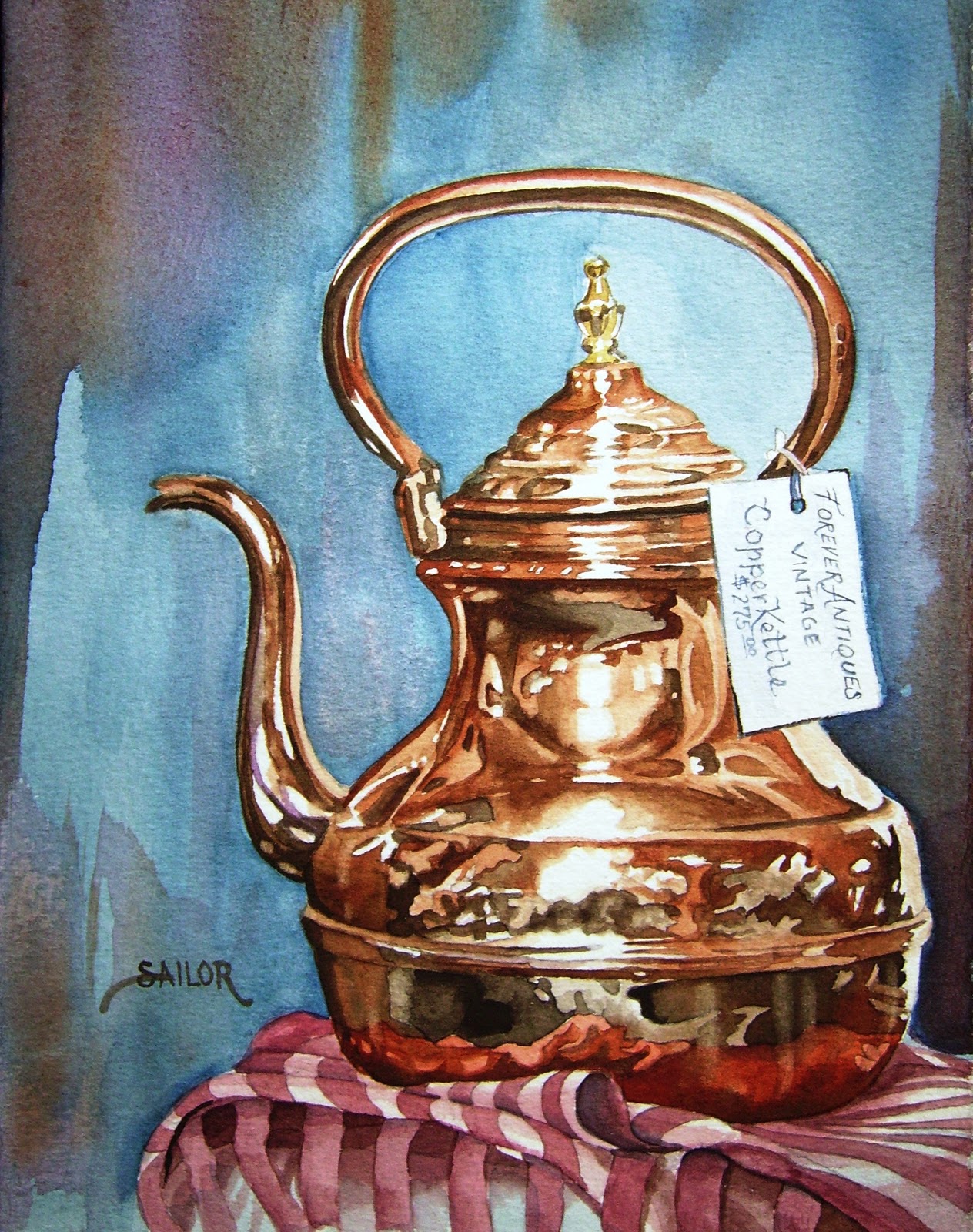 Watercolor in the Village: Copper Tea Kettle at Forever Antiques
