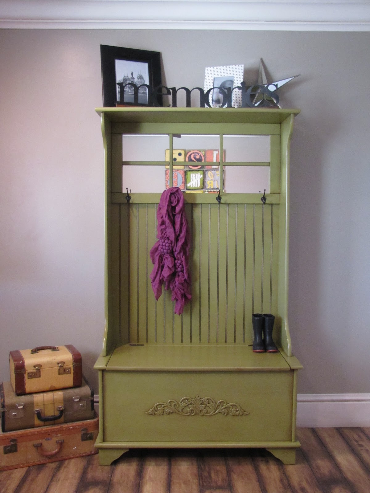 dusty gem decor: Storage Bench Coat Rack