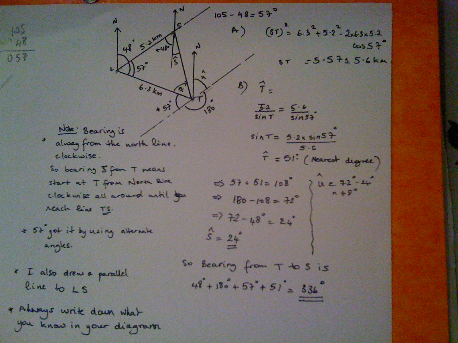 GCSE Maths Revision: Question on bearing